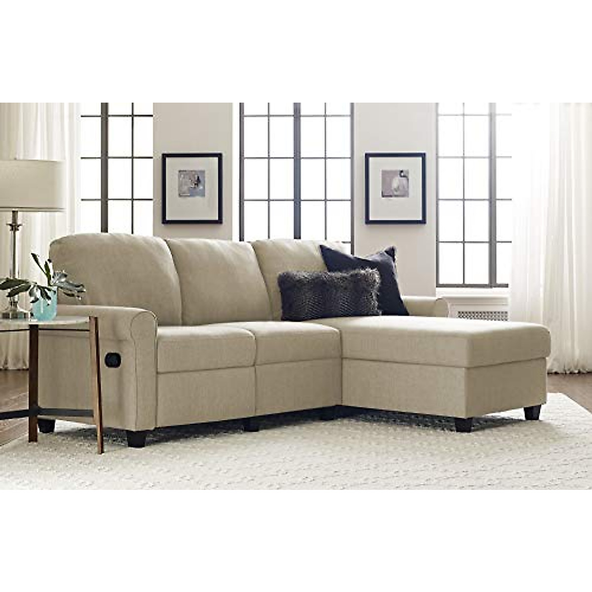 Serta Copenhagen Reclining Sofa Small Couch with Built-in Storage, Low-Maintenance & Family-Friendly Fabric, Right Sectional, Dusk Beige