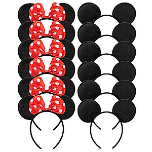 CHuangQi 12pcs Mouse Ears Solid Black and Red Bow Headband for Boys and Girls Birthday Party Celebration or Event