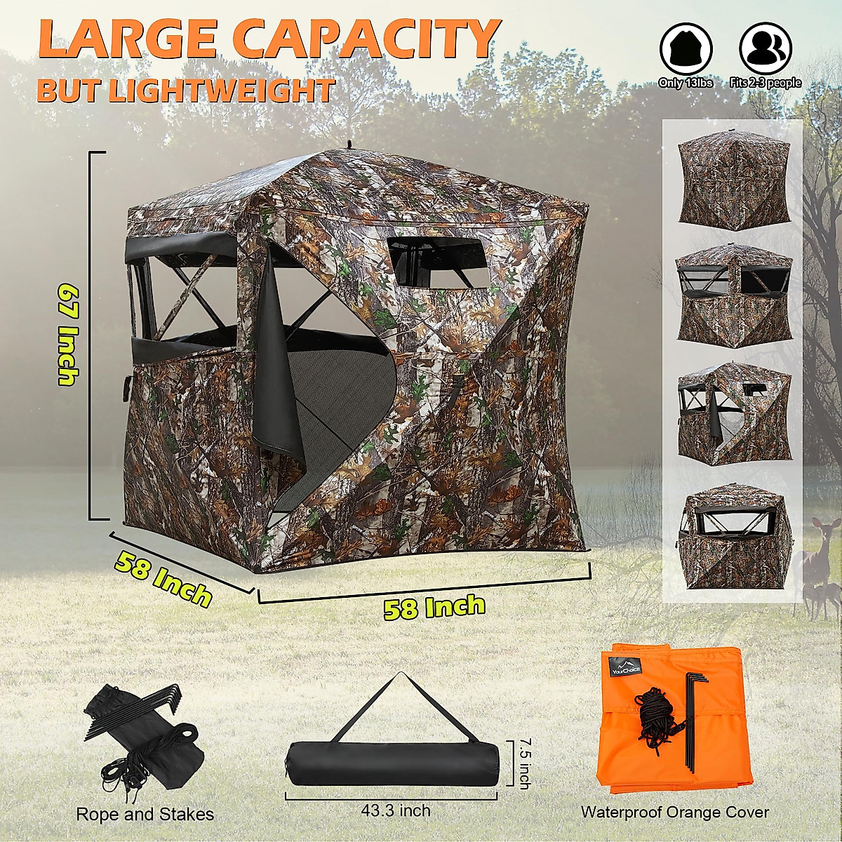 Your Choice Hunting Blind 3 Person 270 Degree See Through Ground Blinds with Orange Cap for Deer Hunting Turkey Hunting, Camo Deer Blind Turkey Blind Pop Up Hunting Tent, Hunting Gear