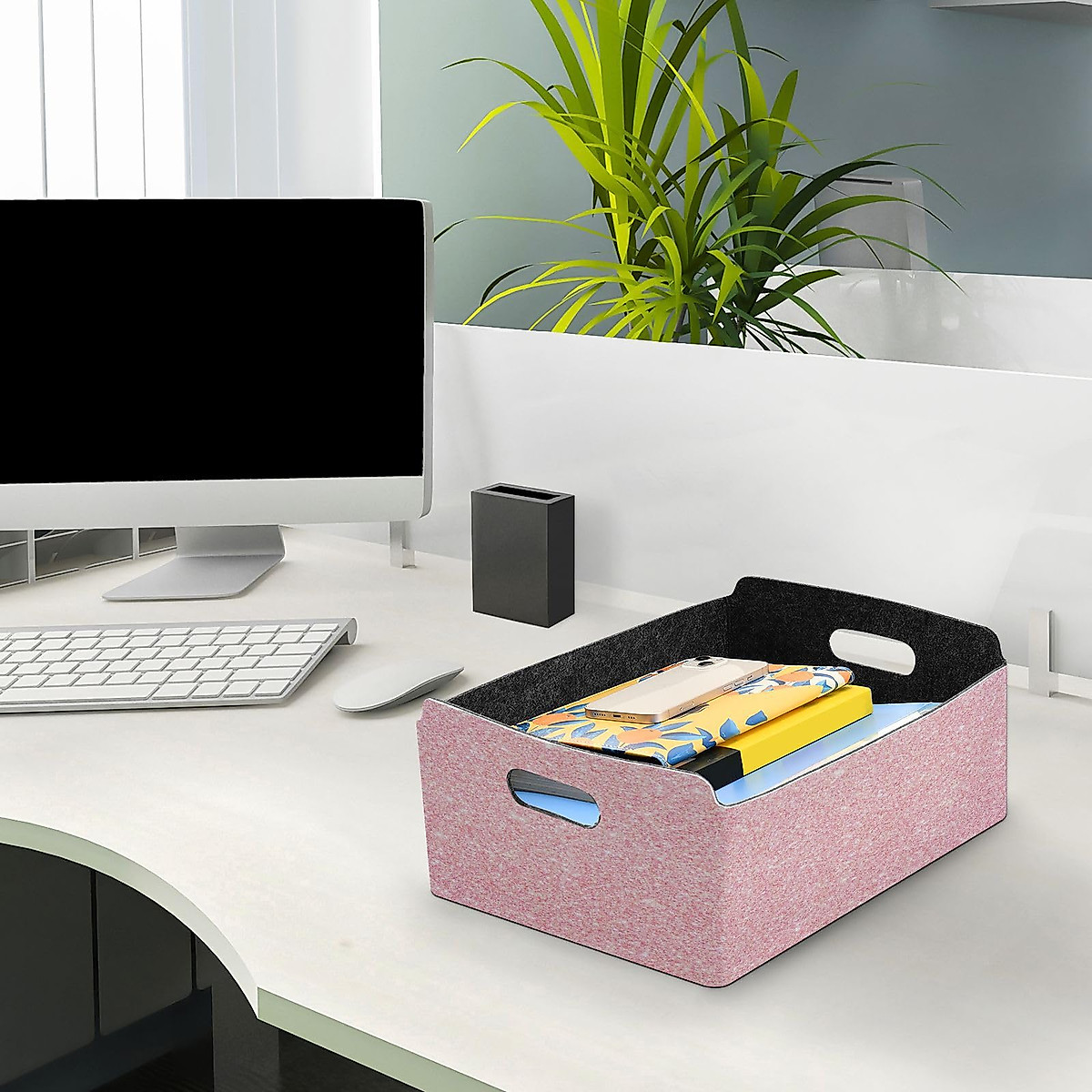 YETTASBIN Pink Glitter Texture Felt Storage Baskets with Handle, Collapsible Open Storage Bin Drawers Storage Box for Shelf Closet Office Bedroom Nursery Home, 14 x 5 x 10 Inch