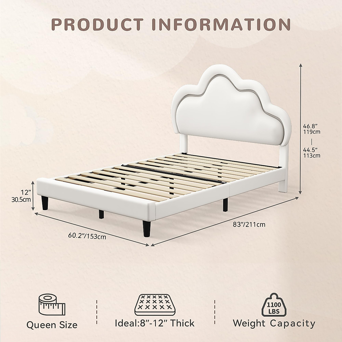 YITAHOME Queen Upholstered Bed Frame, Smart LED Bed Frame with Adjustable Cloud Headboard, Platform Bed Frame Queen Size with Wooden Slats Support, No Box Spring Needed, Easy Assembly, White