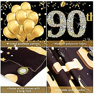 Pimvimcim 90th Birthday Banner Backdrop Decorations for Women Men, Happy 90 Year Old Birthday Party Sign Supplies, Ninety Years Old Birthday Party Decor(Black Gold)