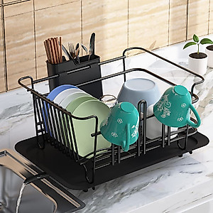 1Easylife Dish Drying Rack, Dish Drainer for Kitchen Rustproof Dish Rack and Drainboard Set with Removable Utensil Holder and Adjustable Swivel Spout, Countertop or in Sink Dry Rack (Black)