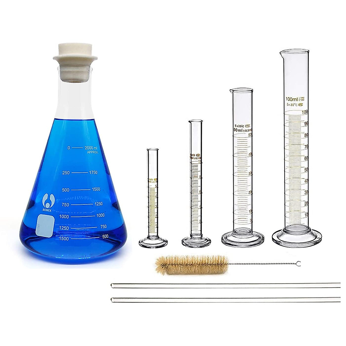 Glass Flask Erlenmeyer Flask Set Narrow Mouth 2000ml Glass Graduated Cylinder Set Thick Measuring Cylinders 5ml 10 ml 50ml 100ml with 2 Glass Stirring Rod and 1 Brush