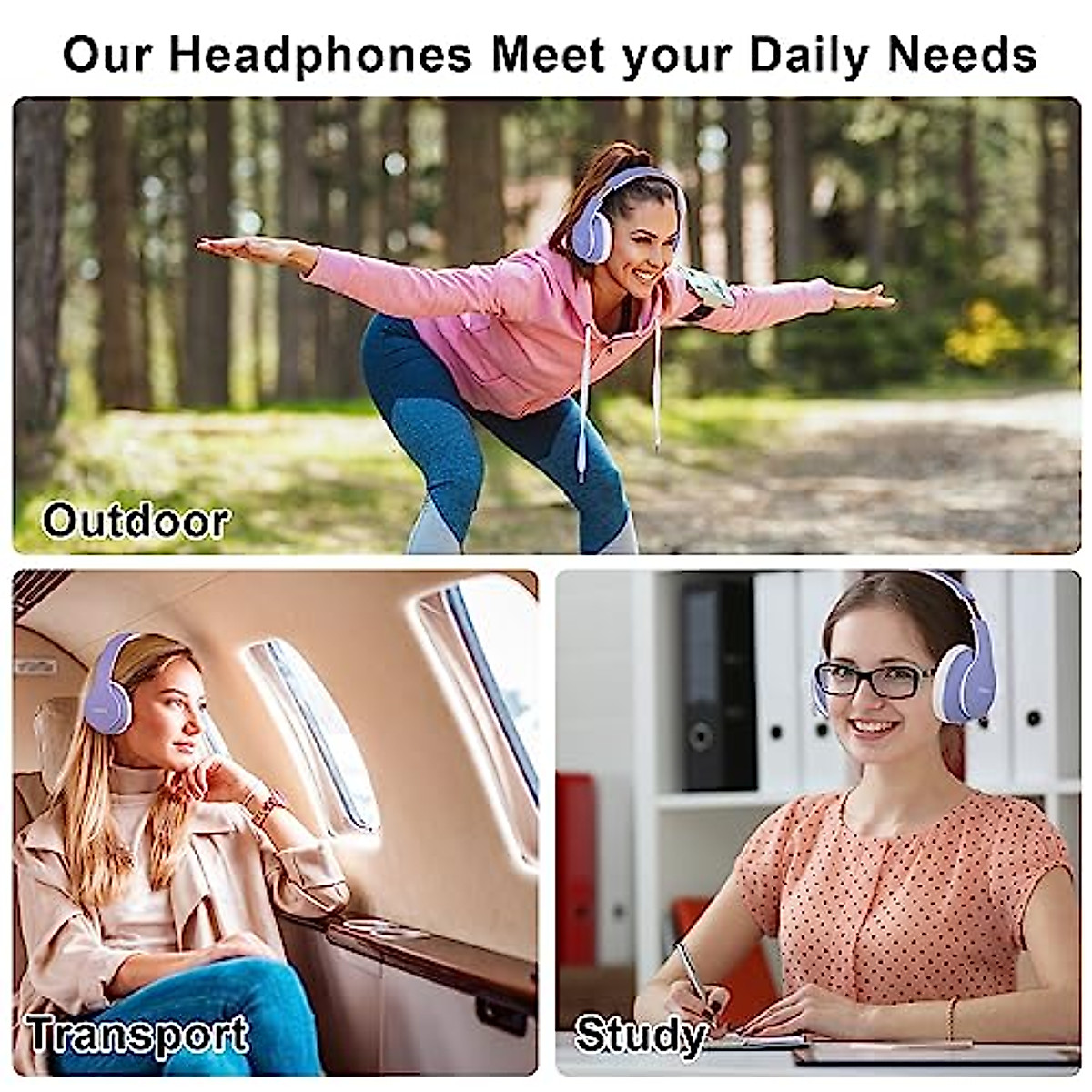 JOMILIN B9 Wireless Headphones Over-Ear, 60 Hours Playtime Lightweight Folding Hi-fi Stereo Bass Bluetooth Headset with Mic, Volume Control Headphones for iPad/Travel/Tablet/PC (Purple)