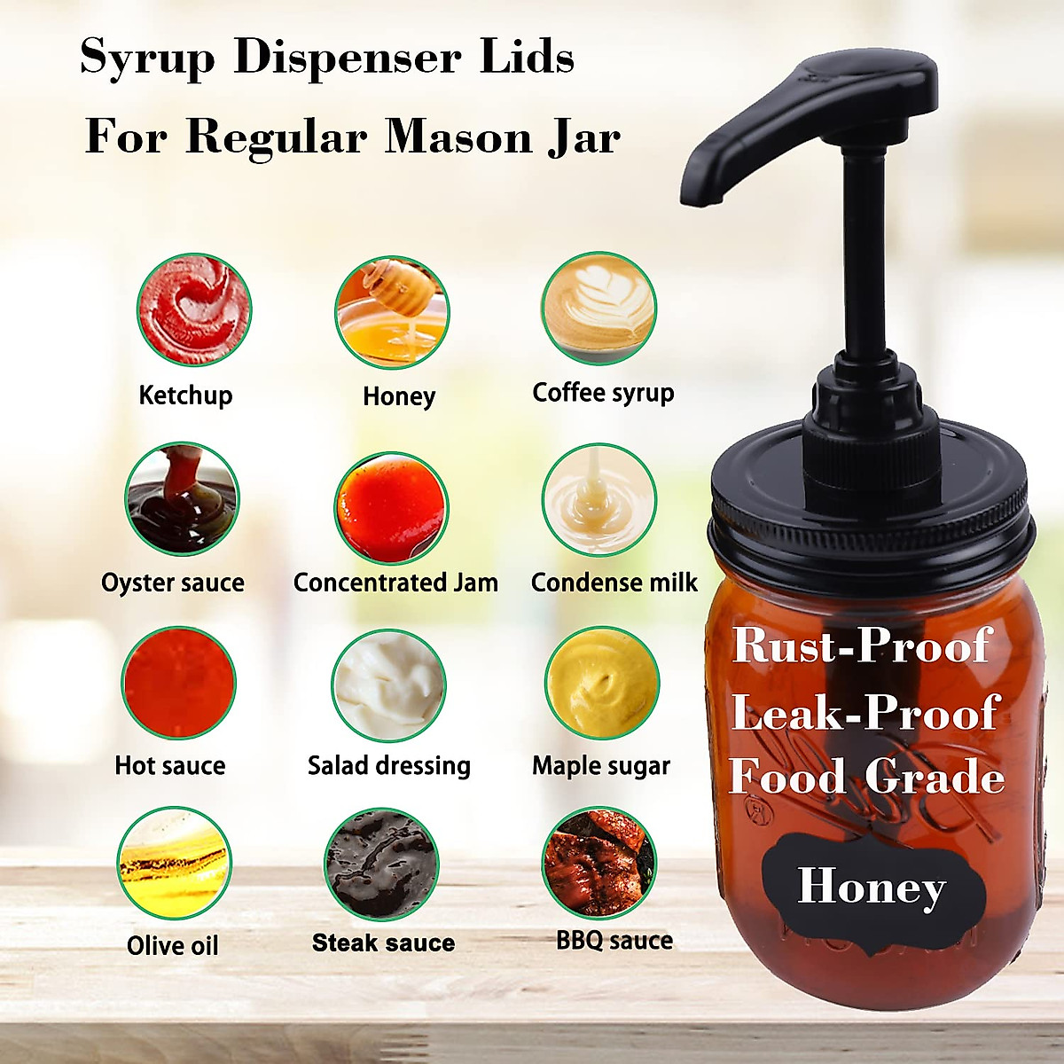 GLUKIEWT Mason Jar Syrup Dispenser Pump Lids For Regular Mouth Jar (2 Pack) Coffee Syrup Dispenser Food Grade,Airtight & Leak & Rust Proof Dispenser Pump Lids (Jar Not Included)