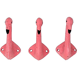 Wowser Pink Tropical Flamingo Cast Iron Wall Mount Coat Hooks, 4 Inch, Set of 3