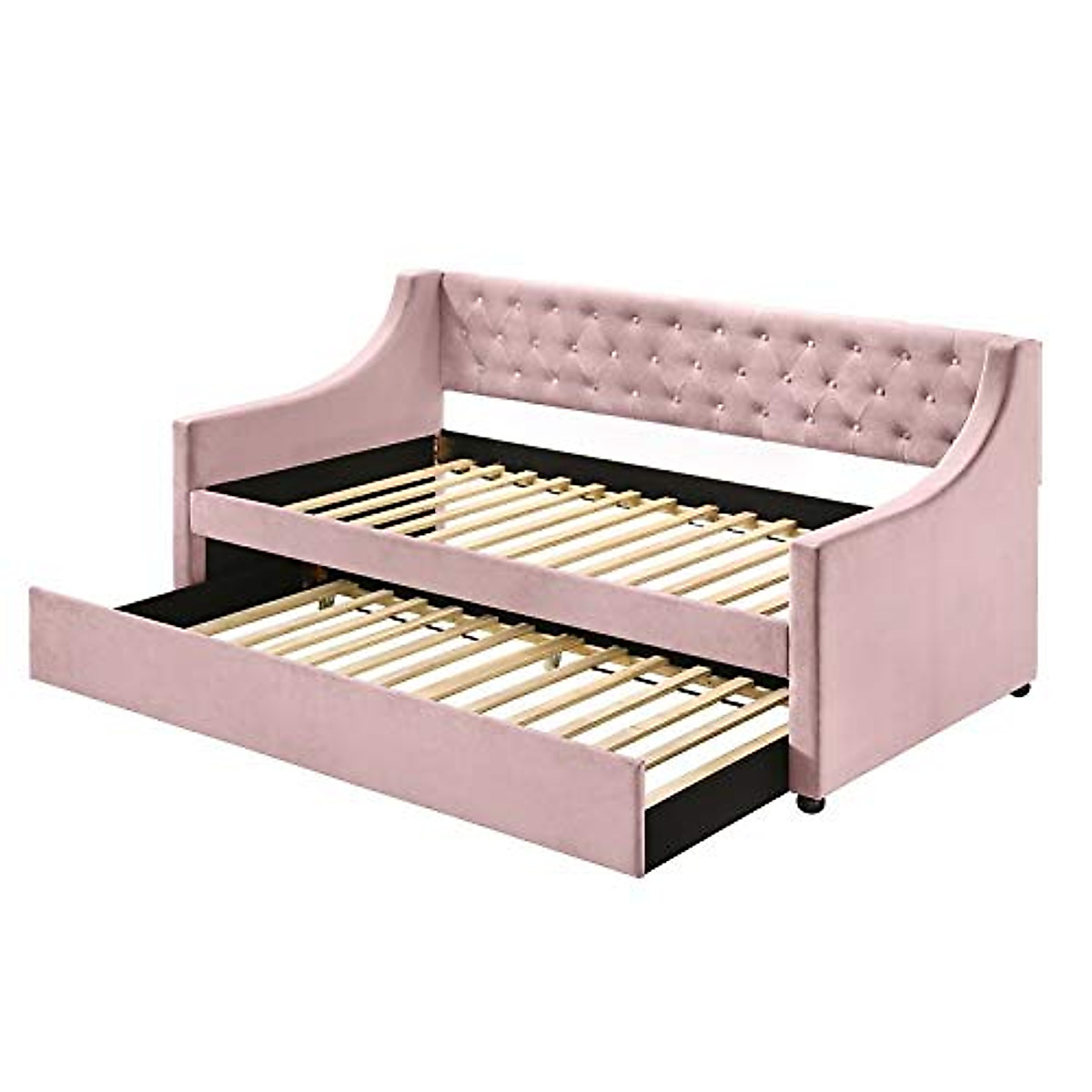 Acme Furniture Twin Fully Upholstered Daybed with Trundle and Button-Tufted Back Panel, Pink Velvet