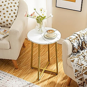 HOOBRO Round Side Table, Round Accent End Table with Sturdy X-Shaped Metal Frame, 15.7" Round Nightstand, for Living Room, Bedroom, Balcony, Office, Gold and Marble DM95BZ01