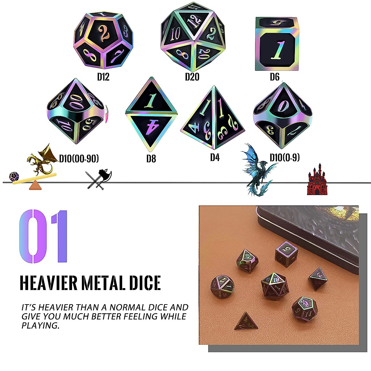 Mental DND Dice Set, D and D Dice Set, Dungeons and Dragons Dice Set with Case, D&D Dice, Dice DND, D4, D6, D8, D10, D12, D20 (Black)