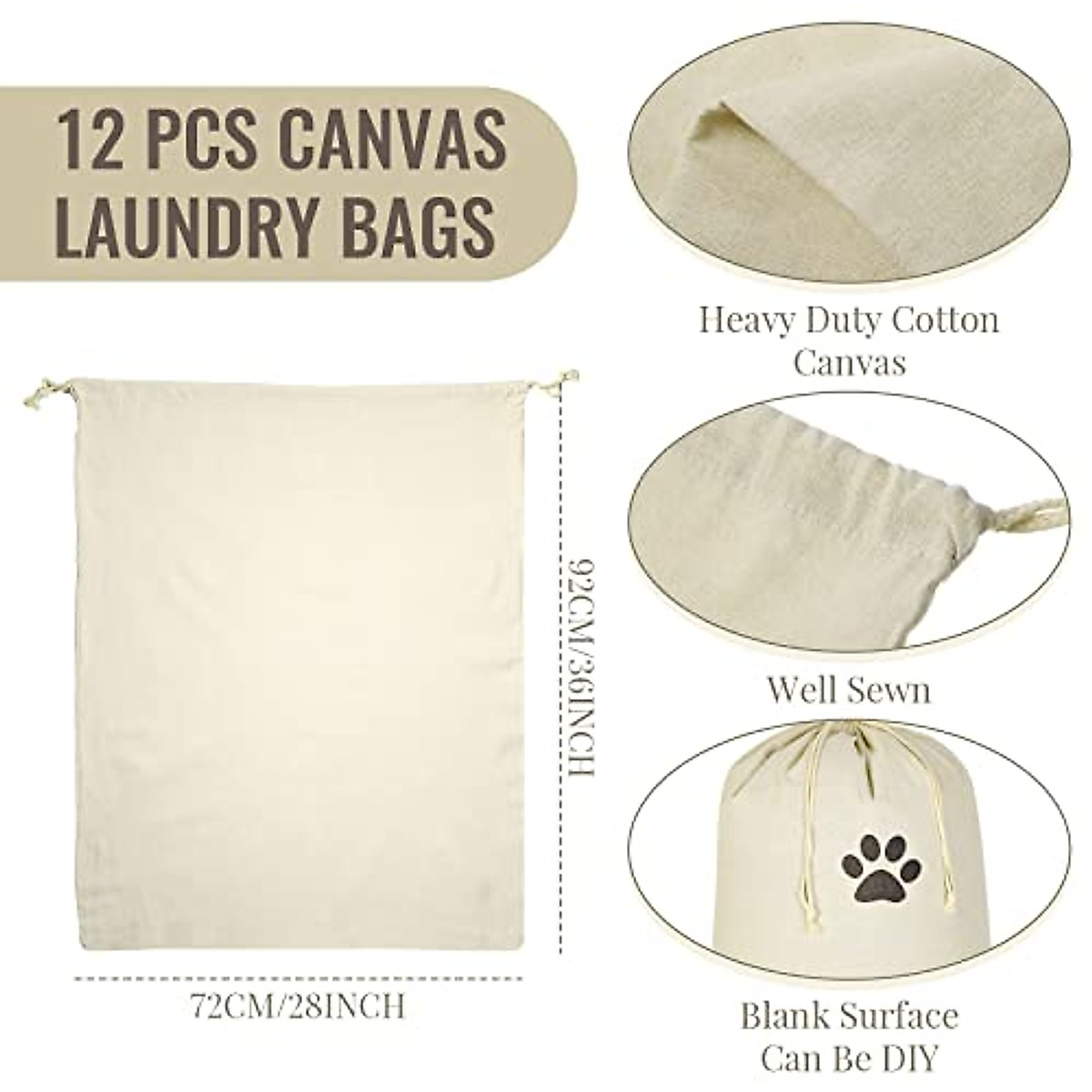 Remagr 12 Pieces Canvas Laundry Bags Bulk Large Cotton Laundry Bag with Drawstring Heavy Duty Hamper Liner Bag Washable Dirty Clothes Bag Santa Bag for Travel Household, 28" x 36"