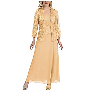 Fall Dresses for Women,Petite Maxi Dress Winter Dresses for Women 2023 Cotton Dress Solid Two Piece Lace Cardigan Chiffon Party Wedding Long Dress Plus Size White Dress for Women(Gold-3,4X-Large)