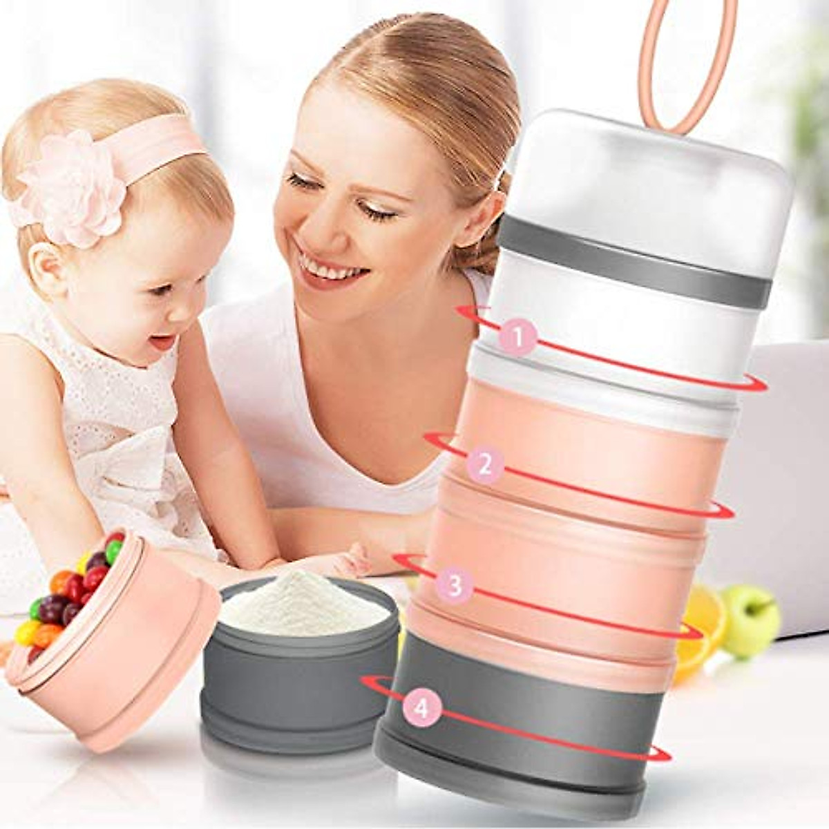 Kaptin Formula Dispenser,Non-Spill Portable Stackable Baby Milk Powder Dispenser,Snack Storage Container,BPA Free,4 Feeds (Pink)