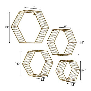 kimisty Set of 4 Gold Hexagon Wall Shelves, Floating Honeycomb Wire Wall Mounted Shelf, Geometric Octagon Mesh Shelves, Boho Deep Gold Metal Shelving