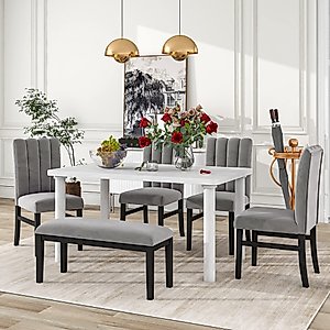 GJHOME 6 Pieces Set, Faux Marble Veneer Rectangular Table and 4 Flannelette Upholstered Dining Chairs & Bench for Kitchen Living Room Furniture Gray-60 L, White+Gray