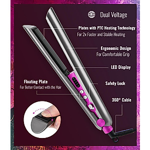 PRITECH Ceramic Hair Iron (TA-2340), 1 inch, Hair Straightener and Curling Iron, Adjustable Temperature, Fast Heat Up, Auto Shut-Off, Dual Voltage, Safety Lock, 450°F
