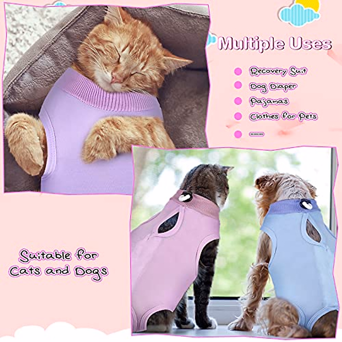 3 Pieces Cat Recovery Suit Kitten Recovery Suit E-Collar Alternative for Cats and Dogs Abdominal Skin Anti Licking Pajama Suit (Medium, Solid Pattern)