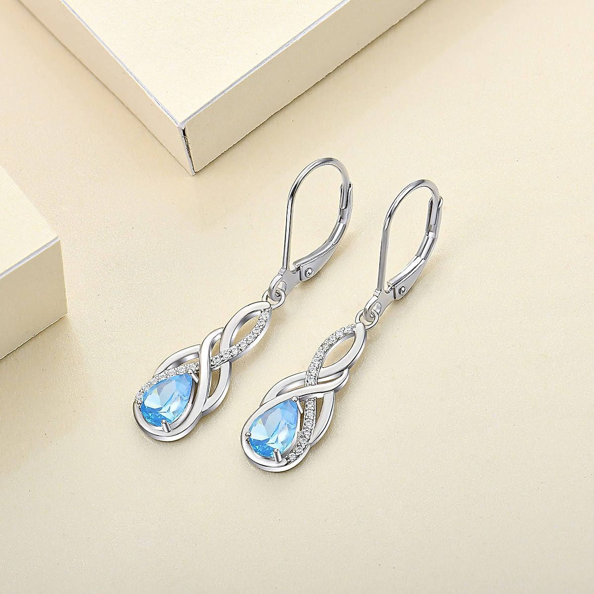 YL Infinity Earrings 925 Sterling Silver Twist Dangle Drop Earring Created Aquamarine Celtic Knot Leverback Jewelry for Women