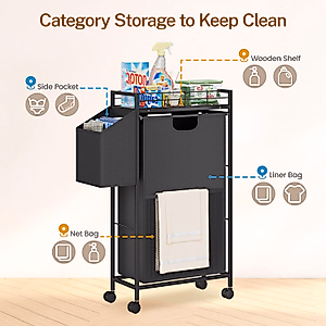 LASZOLA Slim Laundry Hamper with Wheels & Lid, 52L Thin Narrow Laundry Basket with Handle for Small Spaces, Tall Rolling Skinny Clothes Hamper with Removable Liner Bag, Side Pockets and Net Bag, Black