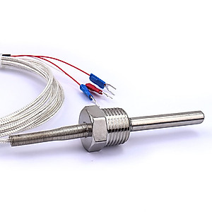 ATOPLEE 1pc Temperature Sensor Probe,Stainless Steel Waterproof Pt100 Ohm Probe Sensor 1/2 inch Thread with Insulation Lead Wire(-50-250°C)