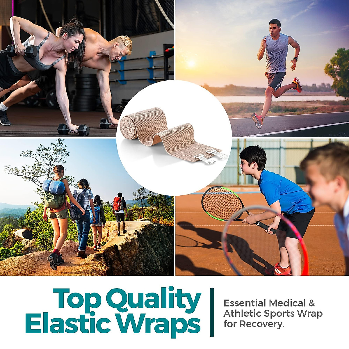 MEDca Elastic Compression Bandage Wrap - First Aid Bandages Roll Measures 2", 3", 4", 6" x 5 Ft with 4 Extra Hooks - Athletic Sports Stretch Wraps for Ankle, Wrist, Arm & Leg Sprains (Pack of 8)