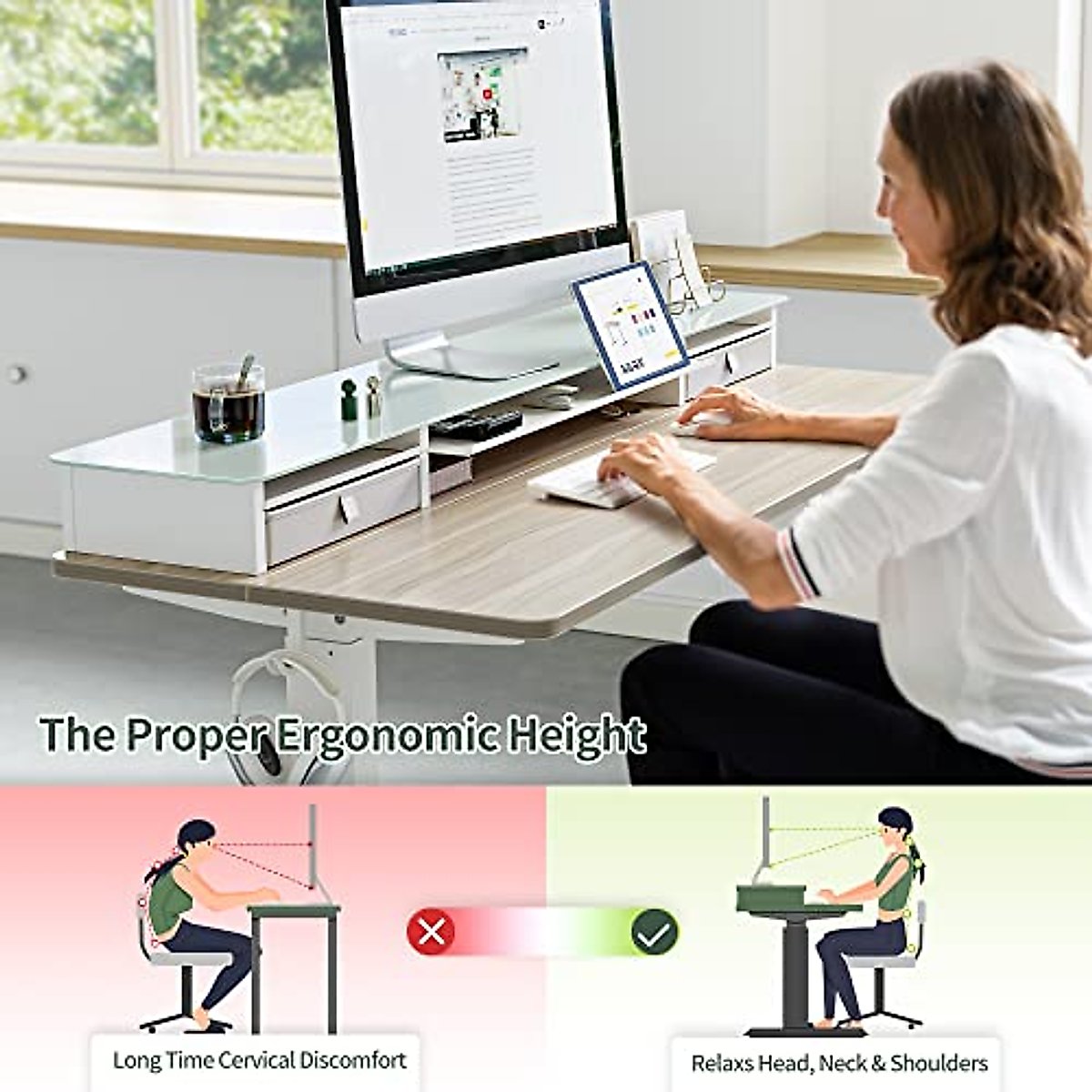 FEZIBO Electric Standing Desk with Glass Top Monitor Stand,55 x 26 Inch Adjustable Sit Stand Up Table with Double Drawer, Sit Stand Desk with Storage Shelf, White Frame/Light Walnut Top