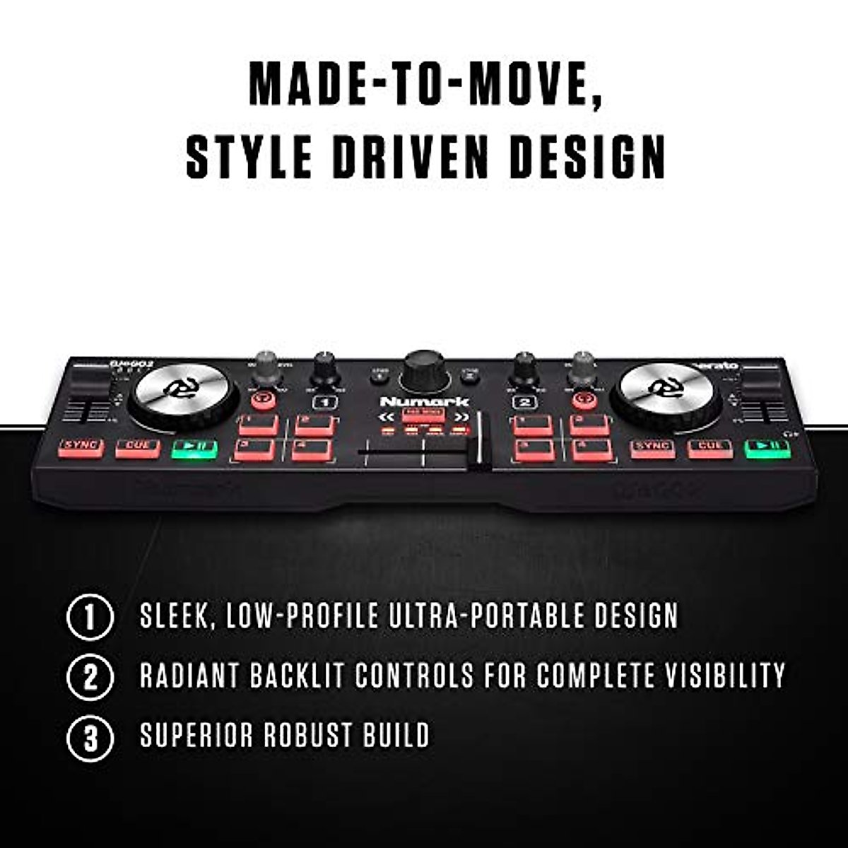 Numark DJ2GO2 Touch – Compact 2 Deck USB DJ Controller For Serato DJ with a Mixer / Crossfader, Audio Interface and Touch Capacitive Jog Wheels,Black