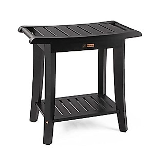 Bamboo Shower Bench Inside Shower Stool with Storage Shelf, Spa Bath Chair for Bathroom, Seat or Organizer for Living Room, Bedroom and Garden - Great for All Ages Unisex Elderly (Waterproof, Black)