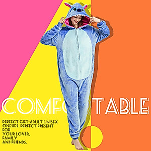 Yemnut Snug Fit Adult Unisex Onesie Cosplay Costume，One Piece Pajama Halloween Homewear Suit for Women and Men (X-Large, Blue Stitch)