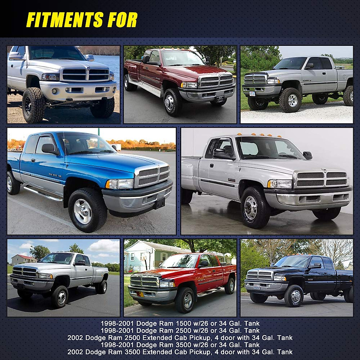 Fuel Pump fits Dodge Ram Truck 1998 1999 2000 2001 2002 3.9L 5.2L 5.9L 8.0L W/ 26 Gal. 34 Gal. Tank replaces # MU2046 E7138M FP17138M