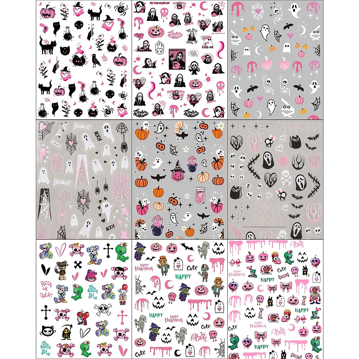 JMEOWIO 9 Sheets Pink Halloween Nail Art Stickers Decals Self-Adhesive Pegatinas Uñas Skull Cute Horror Ghost Witchy Spider Web Bat Pumpkin Nail Supplies Nail Art Design Decoration Accessories