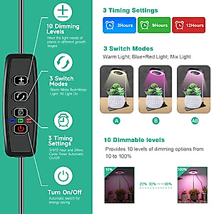 Wiaxulay Grow Lights for Indoor Plants, 48 LED Full Spectrum Plant Light for Indoor Plants, Height Adjustable Plant Grow Light with Base, 10 Brightness, 3/9/12Hrs Timer, Ideal for Small Plants,2 Packs