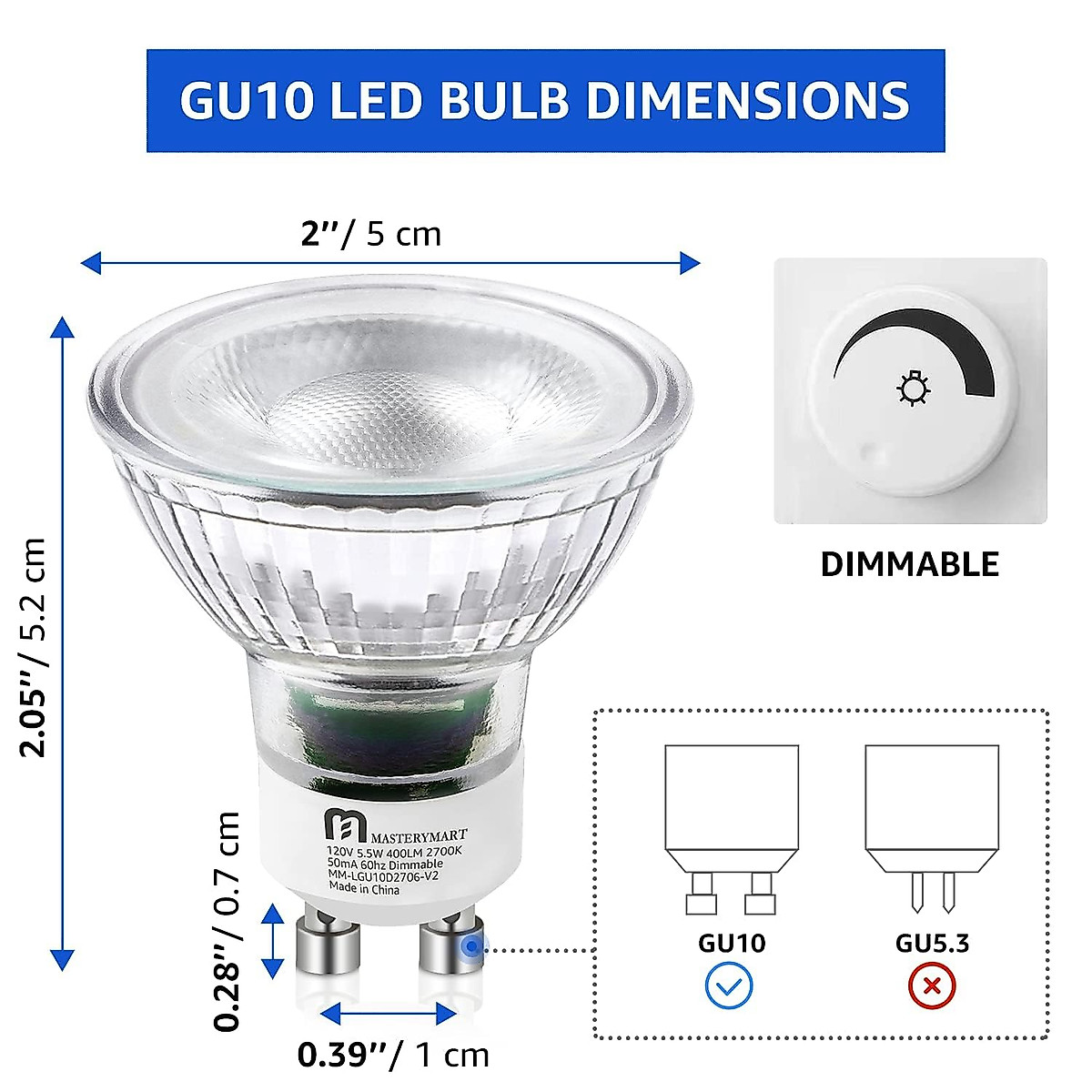 MASTERY MART LED GU10 Spotlight Light Bulbs, 50 Watt Equivalent, 5.5W Dimmable, Full Glass Cover Reflector, 2700K Soft White, 25000 Hours, UL Listed, Energy Star Certified (Pack of 6)