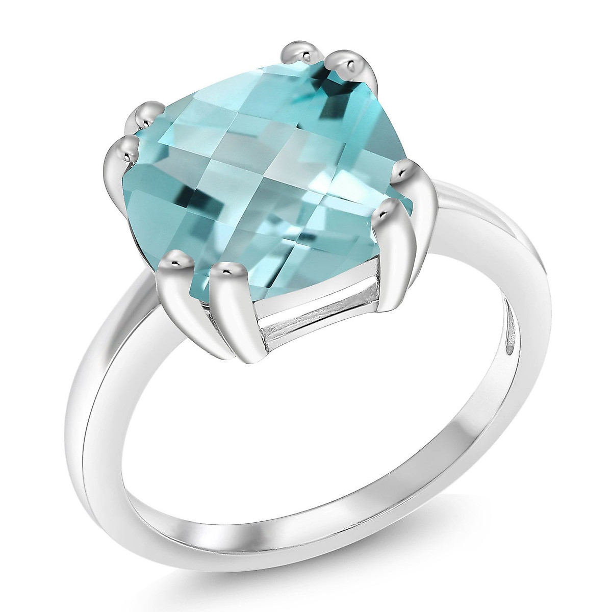 Gem Stone King 925 Sterling Silver Sky Blue Topaz Double Prong Ring For Women (4.65 Cttw, Cushion Checkerboard 10MM, Gemstone Birthstone, Available in size 5, 6, 7, 8, 9)