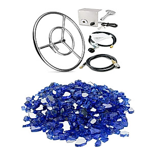 GRISUN Cobalt Blue Fire Glass for Fire Pit 1/2 Inch High Luster Reflective Tempered Glass Rocks, 18 Inch Fire Pit Burner Ring and Installation Kit