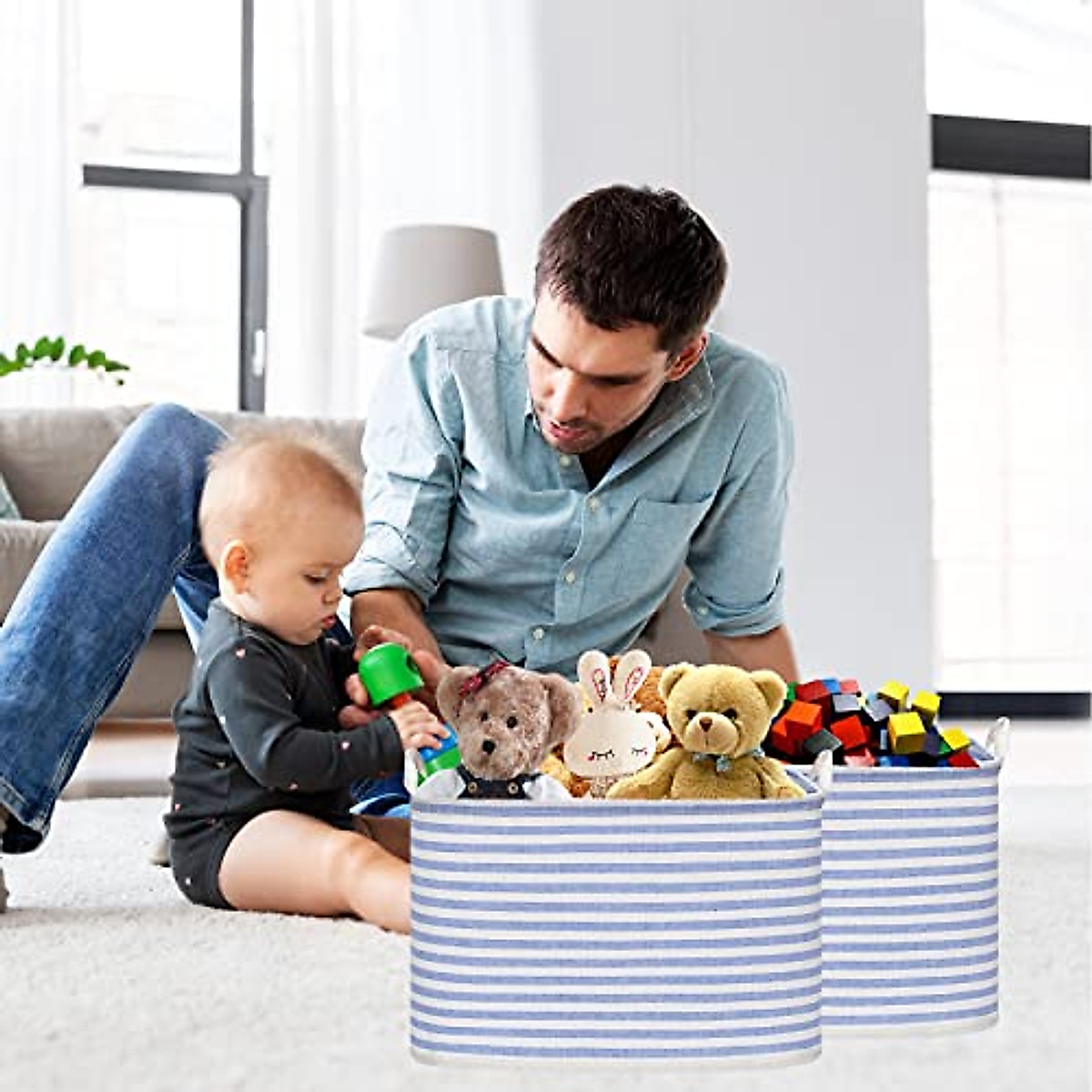 PFFVRP Storage Bins, Foldable Fabric Closet Storage Basket with Dual Handles, Strudy Storage Baskets for Shelves, Storage Boxes for Organizing, 3-Pack (Blue Stripes)