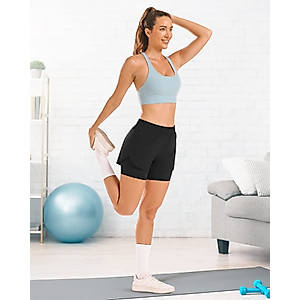 Stelle Women 2 in 1 Running Shorts High Waisted Athletic Shorts Gym Workout Shorts with Liner Zipper Pockets (Black, M)