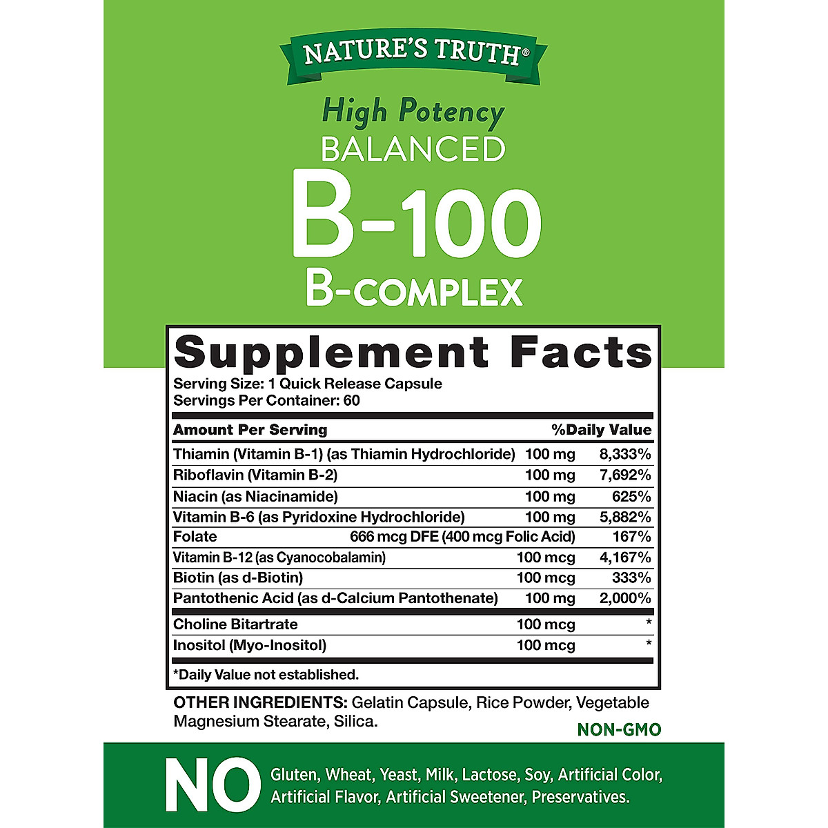 Vitamin B Complex | 60 Capsules | High Potency B-100 | Non-GMO & Gluten Free Supplement | by Nature's Truth