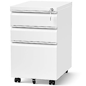 OLIXIS Home Office, File Cabinet Fireproof with Lock, Mobile Storage with Pre-Assembled, 3 Drawer, White