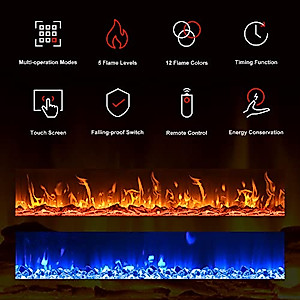 E EUHOMY 50-inch Electric Fireplace, Recessed and Wall Mounted Fireplace Heater, Adjustable Brightness, Multiple Colors, Dual Control Remote and Touch Screen, Indoor Heater with Timer, 750W/1500W