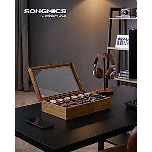 SONGMICS Watch Box, 12-Slot Watch Case, Solid Wood Watch Box Organizer with Glass Lid, Watch Display Case with Removable Pillows, Gift for Loved Ones, Rustic Walnut UJOW120K01