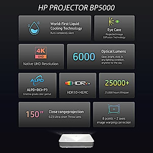 HP Projector | Portable Theater System for Home & Office |4K FHD 3840x2160p 150” Display|WiFi, Bluetooth, USB, HDMI & Streaming for Firestick