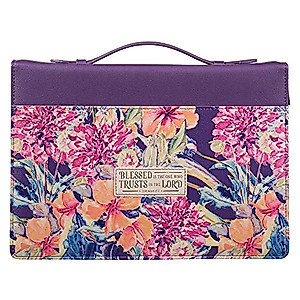 Christian Art Gifts Women's Fashion Bible Cover Blessed is The One Jeremiah 17:7, Purple Floral Faux Leather, Large