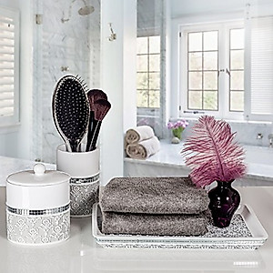 Creative Scents Mirror Damask Qtip Holder - Decorative Canister Jar, Durable Cotton Swab Ball Holder/Container - Beautiful Bathroom Vanity Accessories, Elegant Bath Accessories Storage (Gray & White)