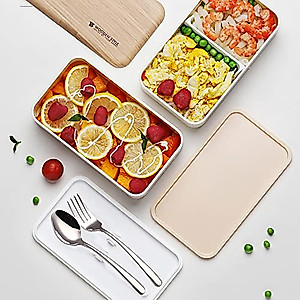 Original Bento Box Lunch Box Japanese Style 2 Layer Food Containers with Utensils Spoon and Fork Bundle Divider Salad Box for Men Women(White)