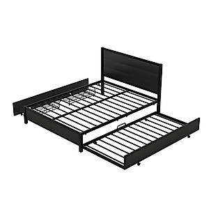 VilroCaz Queen Size Heavy Duty Metal Platform Bed with Twin Size Trundle and 2 Drawers, Mattress Foundation Platform Bed Frame with Headboard and Solid Slats Support for Bedroom Guest Rooms