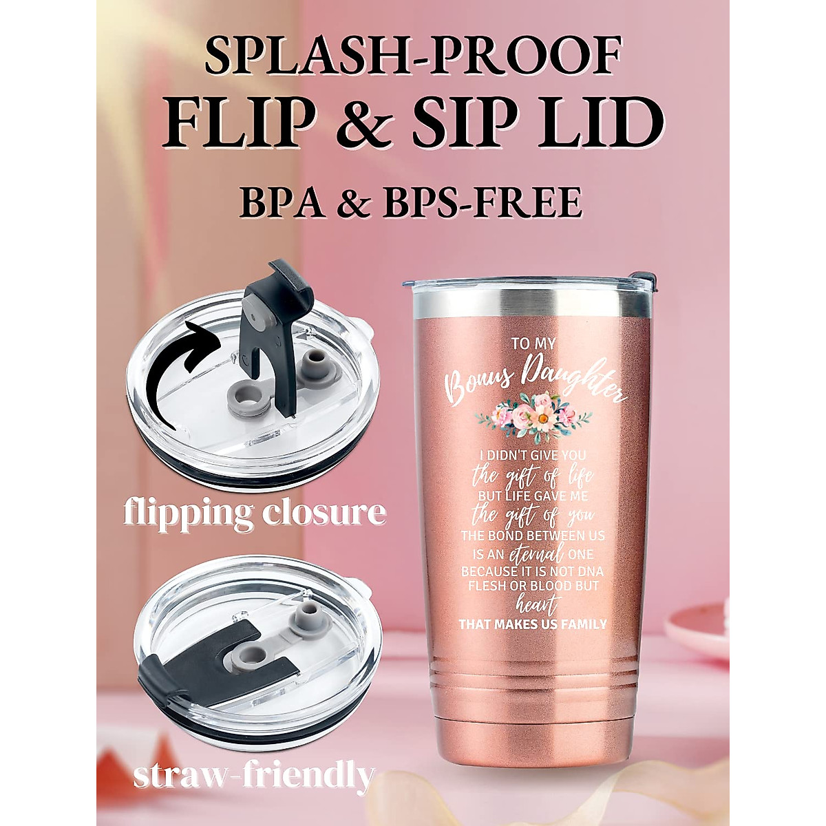 Onebttl Bonus Daughter Gifts, Gifts for Bonus Daughter on Birthday, Christmas or Thanksgiving, 20oz Stainless Steel Travel Mug with Lid and Straw Rose Gold - To My Bonus Daughter