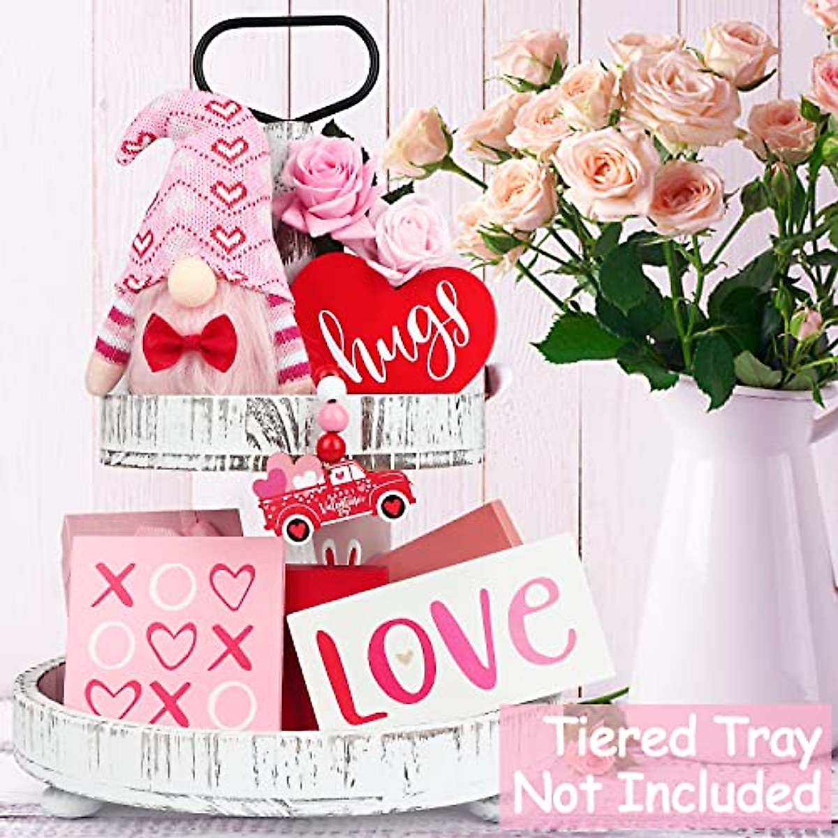 Boribim Valentines Day Decor - Valentines Day Tiered Tray Decor, XO Love Hugs Wooden Signs Cute Gnomes Plush with Bead Garland - Farmhouse Rustic Tiered Tray Items Decorations for Home Room Table