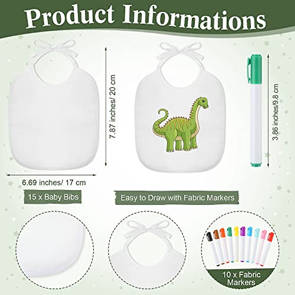 26 Pcs Baby Bibs and Game Set Baby Shower Game Sign 15 White Feeder Bibs 10 Fabric Markers for Gender Reveal (Green Leaves)