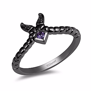 Jewelili Enchanted Disney Fine Jewelry Black Rhodium Over Sterling Silver 2MM Round Amethyst and Heat Treated Black Diamond Accent Maleficent Villain Ring Size 7